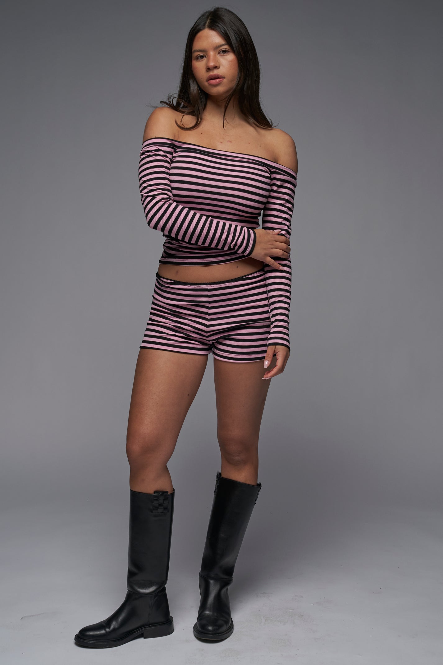 Riley Long Sleeve in Pink - Striped Off Shoulder Top | Ribbed Cotton ...